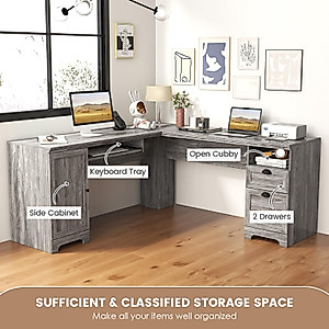 GOFLAME 66 Inch L-Shaped Computer Desk, Spacious Corner Desk w/Drawers, Cabinet & Keyboard Tray, Executive Office Desk, Study Gaming Workstation for Home Office (Gray)