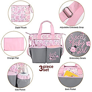 Crossbody Floral Pink Diaper Bag Tote with Changing Station for Baby Girl, 3 Piece Diaper Bag Set (Flowers)