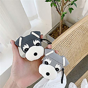 TOU-BEGUIN Wireless Charging Earphone Case Compatible with Airpods 1 & 2,Teens Girls Cute Cartoon Schnauzer Dog Design Soft Silicone Full Body Protective Skin Cover Accessories with Hook(Gray)