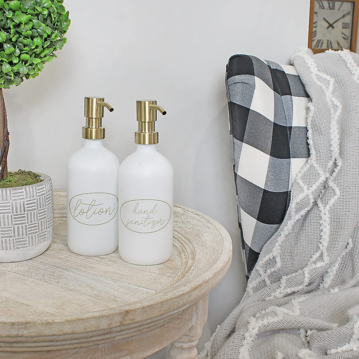 Darware 16oz Glass Pump Bottles (Set of 2, White w/Gold); Soap Dispenser Pump Bottles with Brushed Metal Pump Tops