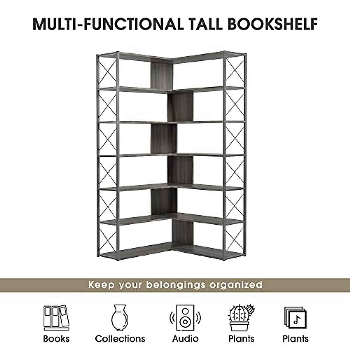 Corner Bookcase, 7-Tier L-Shaped Tall Bookshelf with Open Storage, Freestanding Industrial Etagere Shelf with Metal Frame for Home Office Funiture, Grey, Silver Frame