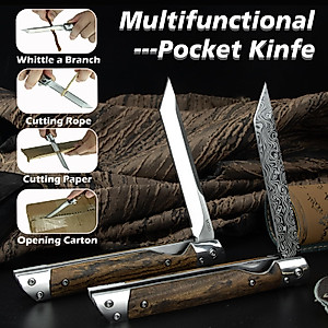 Ogival Pocket Knife for Men, 3.5 inch Folding Knife with Wooden Handle and Leather Sheath, Edc ​Tanto Knife for Men and Women