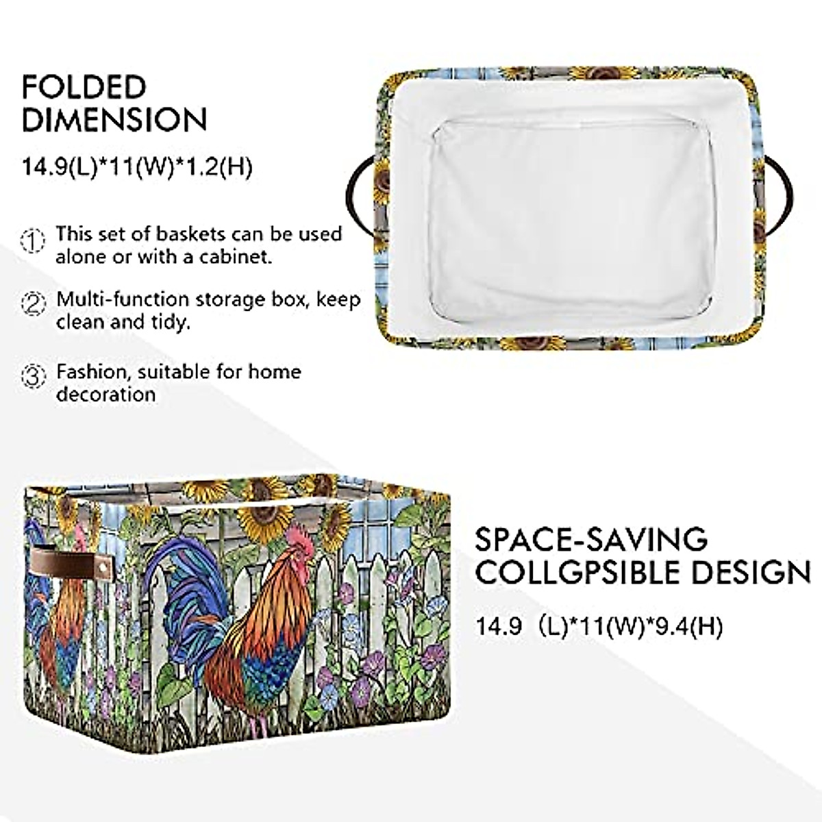 TropicalLife Rectangular Storage Bin Cube Animal Rooster Foldable Organizer Basket with Handles, Sunflower Floral Farm Collapsible Storage Box for Kids Toy Shelf Closet Nursery