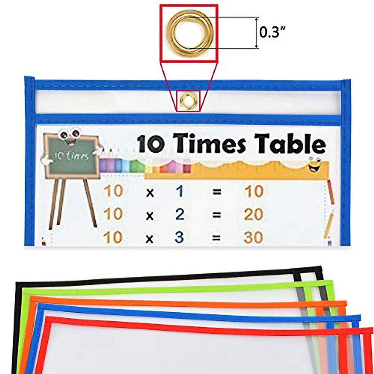 MerceHygea Heavy Duty Dry Erase Ticket Holder Pockets Reusable Paper Sleeves Sheet Protectors for Classroom Home Office,3 Dry Erase Markers Included,10x13 Inch,Pack of 5