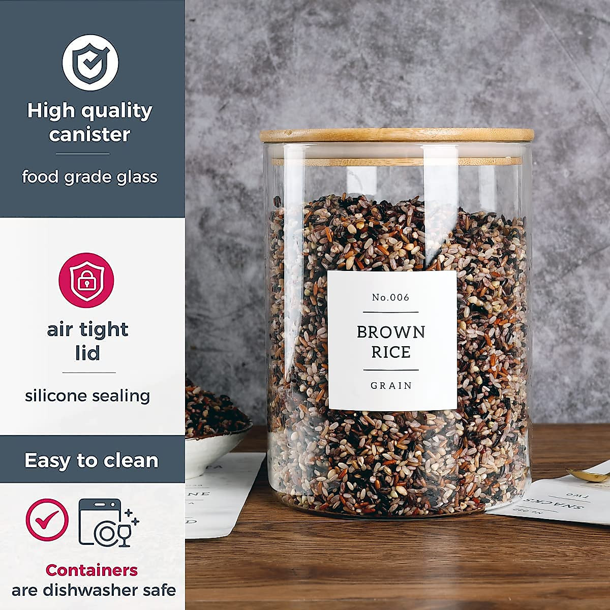 HHMJSM Large Glass Storage Jars With Airtight Bamboo Lid - 100 Fl Oz Thicken Kitchen Glass Food Storage Canister With 42 Pantry Labels - Big Clear Flour And Sugar Containers Farmhouse