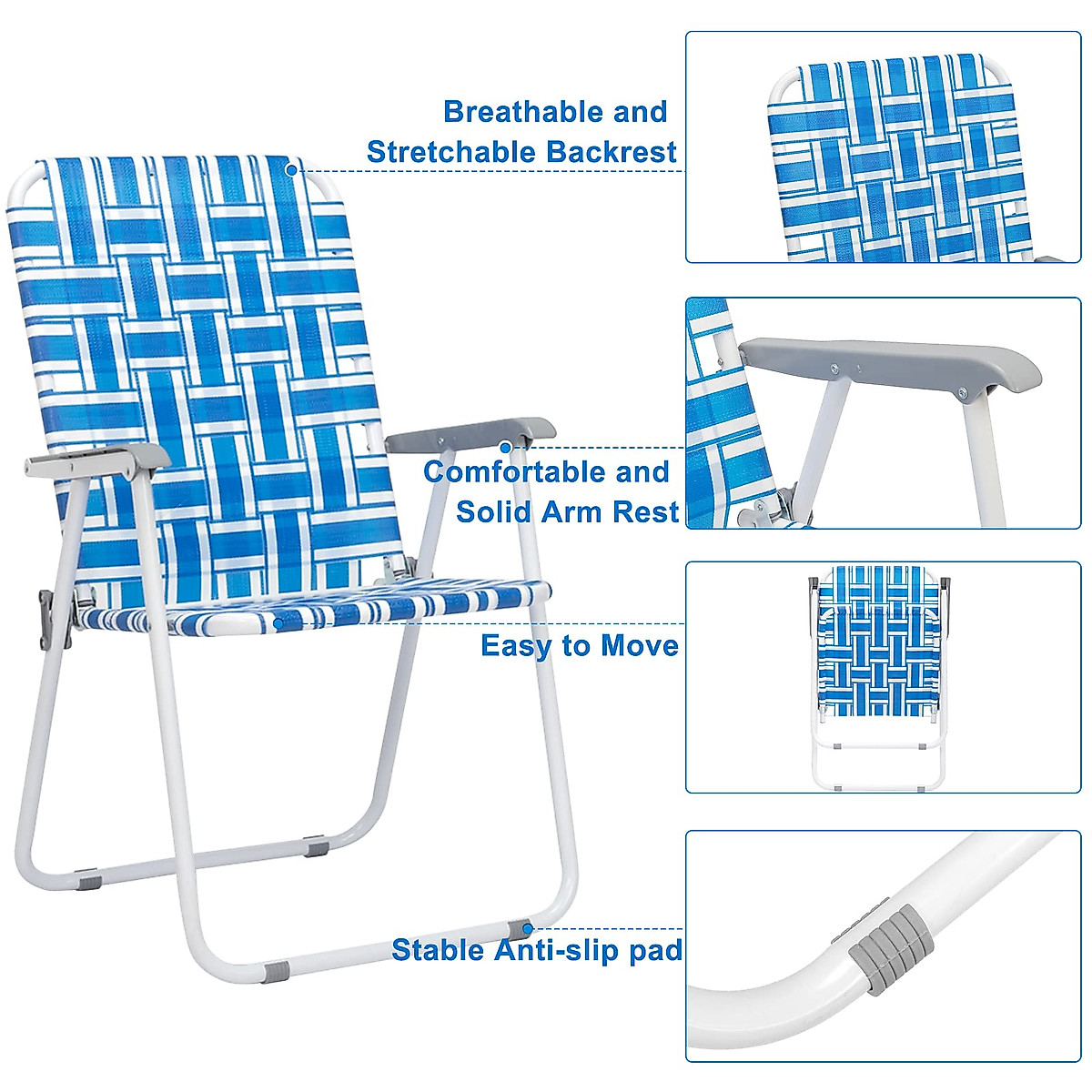 Set of 2 Patio Lawn Webbed Folding Chairs, Outdoor Beach Chair Portable Camping Chair, Webbed Folding Chair for Yard, Garden(Blue& White)