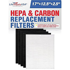 LifeSupplyUSA True HEPA + 4 Carbon Replacement Filters Compatible with Winix 115115 Size 21 and Plasma Wave WAC5300, WAC5500, WAC6300, 5000, 5000b, 5300, 5500, 6300 & 9000