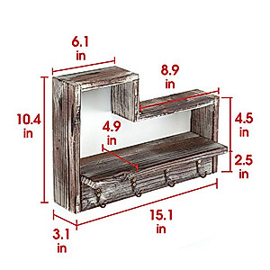 J JACKCUBE DESIGN Wall Mount Entryway Key Holder Rustic Wood Hanging Shelf with 4 Hooks for Keys, Mails, Home Decor Display Wooden Cubby Rack Hanger- MK537A