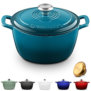 ROSSALLINI Signature Enameled Cast Iron Dutch Oven, Non-Stick Serving Pot with Tight Fitting Lid for Perfect Roasting, Baking, Sauteing, and Bread Making | 3.5Q (3.3L) - Ocean Blue