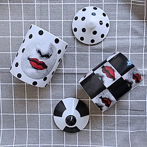 AlphaDesignLuxe Decorative Candle Holder Handcrafted Aromatherapy Candle Jar Italian Designer Décor Fashionable Tabletop Vase Modern Art Female Face Eyes Lips Centerpiece. (Red Lips Black Squares)
