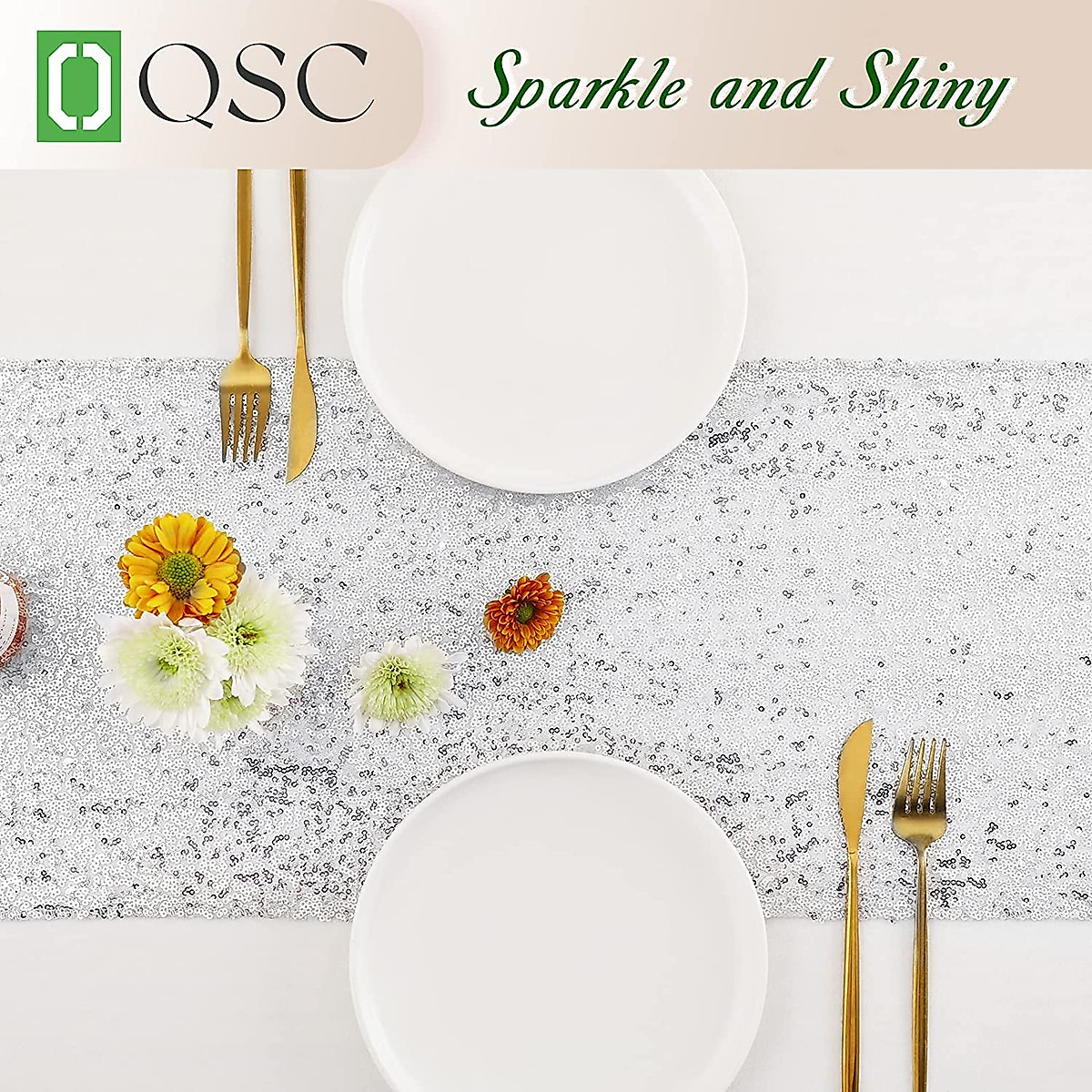 OQSC Sequin Table Runners 72 Inches Long Christmas Glitter Rectangle Table Runner for Party, Wedding, Bridal 2 Pcs, Silver