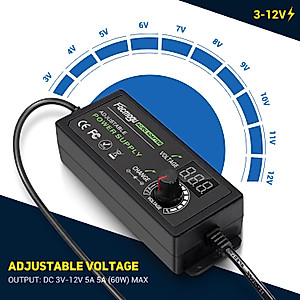 Facmogu 3V-12V 5A 60W Adjustable Power Supply with LED Display, Variable DC 3V 5V 6V 9V 12V Universal AC/DC Adapter, 100V-240V AC to DC 3-12V Switching Power Converter Multi-Voltage Regulated Adaptor