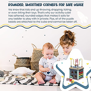 LEO & FRIENDS Benny Toddler Wooden Activity Cube, 6-Piece Educational Play Set and Puzzle | Baby Toy with Bead Maze for Boys and Girls | Endless Activity Options, Perfect Birthday Present