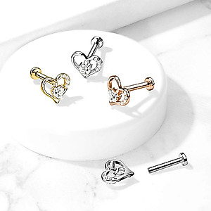 Amelia Fashion 16GA Paved Heart Contour Heart CZ Solitaire Internally Threaded 316L Surgical Steel Flat Back Studs for Labret, Monroe, Cartilage and More (Gold - 16GA (1.2mm) - L.5/16" (8mm))