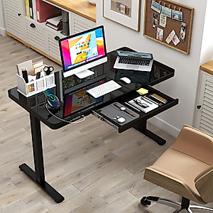 Giantex Glass Standing Desk with Drawer, 48" x 24" Height Adjustable Electric Stand Up Desk with Tempered Glass Top, 2 Memory Positions & USB Type-C Outlets, Sit Stand Desk for Home Office, Black