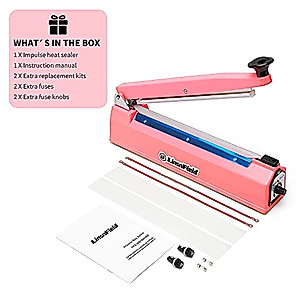 LinsnField Sealer Pro - 8 inch Impulse Heat Sealer - 2mm Sealing Width - Manual Heat Sealer Machine for All Bags - Most Heavy Duty for Strong, Secure Sealing for Long Term Food Storage - Extra 2 Replacements, 2 Fuses Included(Pink)