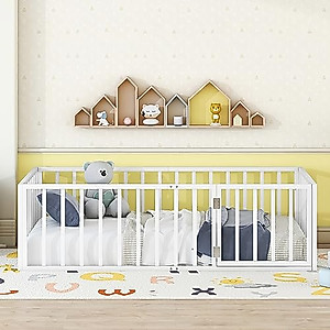 DNYN Twin Size Metal Floor Bed Frame with Door for Kids Bedroom,Metal Struture Bedframe w/Fence,No Box Spring Needed,77" x 41.1"x 21.7"H, White