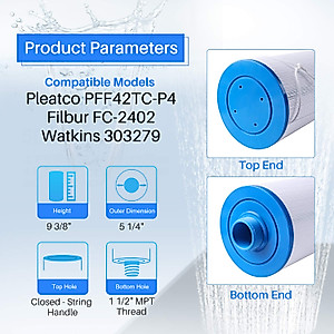 POOLPURE Spa Filter Replaces Watkins 303279, PFF42TC-P4, 78460, FC-2402, Lifesmart, Freeflow, AquaTerra, Hydromaster, Grandmaster, Simplicity, Bermuda Hot Tub Filters, 1 1/2" MPT Fine Thread, 2 Pack