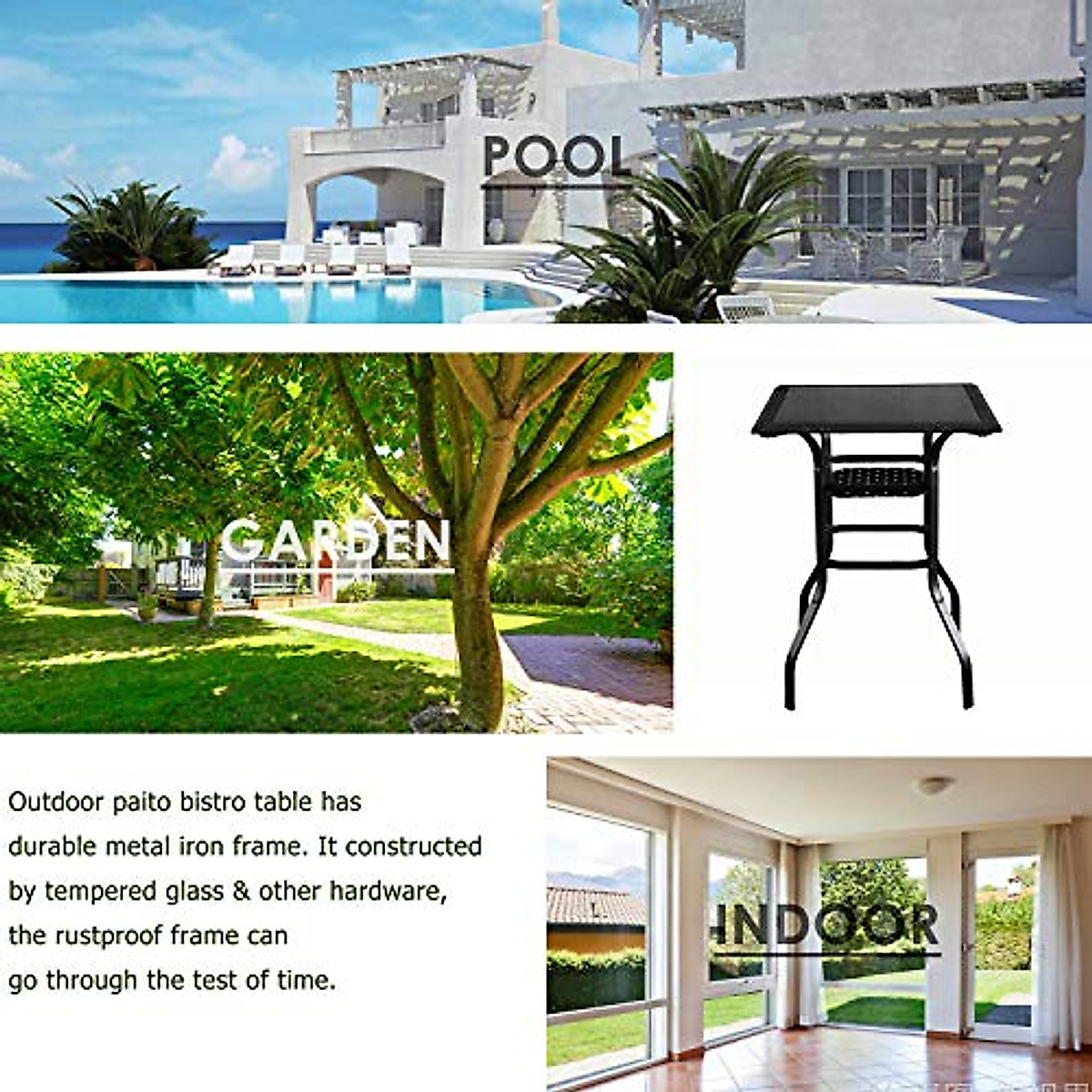 LOKATSE HOME High Outdoor Patio Bar Height Glass Top Table, Black