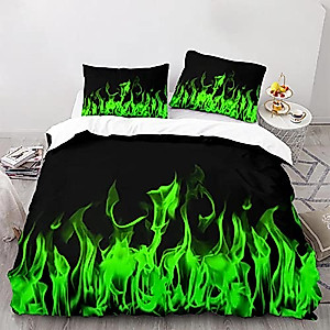 Guugoo Abstract Burning Green Flame Print Black Bedding Set Queen Duvet Cover Set King Twin Full Comfy Pillowcase Woman Kid Boy 3pcs Bed in A Bag,Home Family