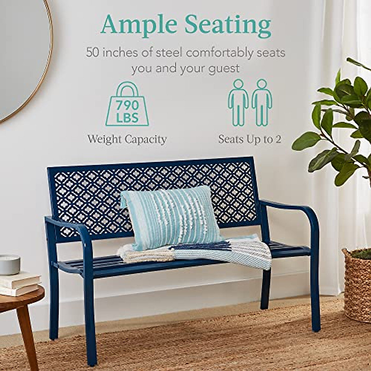 Best Choice Products Outdoor Bench 2-Person Metal Steel Benches Furniture for Garden, Patio, Porch, Entryway w/Geometric Backrest, 790lb Capacity - Peacock Blue