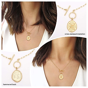 POTESSA 18k Gold Cross Medallion Pendant Necklace for Women Paperclip Chain Vintage Toggle Necklace Catholic Jewelry Mother's Day Gift 18"