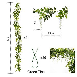 Dolicer Wisteria Artificial Flower Garland 4Pcs Total 24Ft, Artificial Wisteria Garland, White Wisteria Flower Vines, Silk Wisteria Hanging Flowers for Wedding Arch Outdoor Ceremony Garden Porch Decor