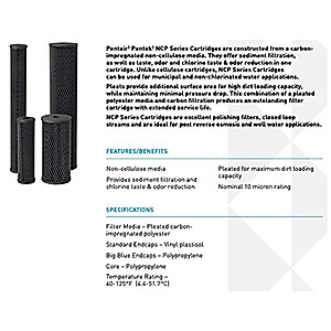 Pentair Pentek NCP-20BB Big Blue Carbon Water Filter, 20-Inch, Whole House Non-Cellulose Carbon Impregnated Pleated Filter Cartridge, 20" x 4.5", 10 Micron