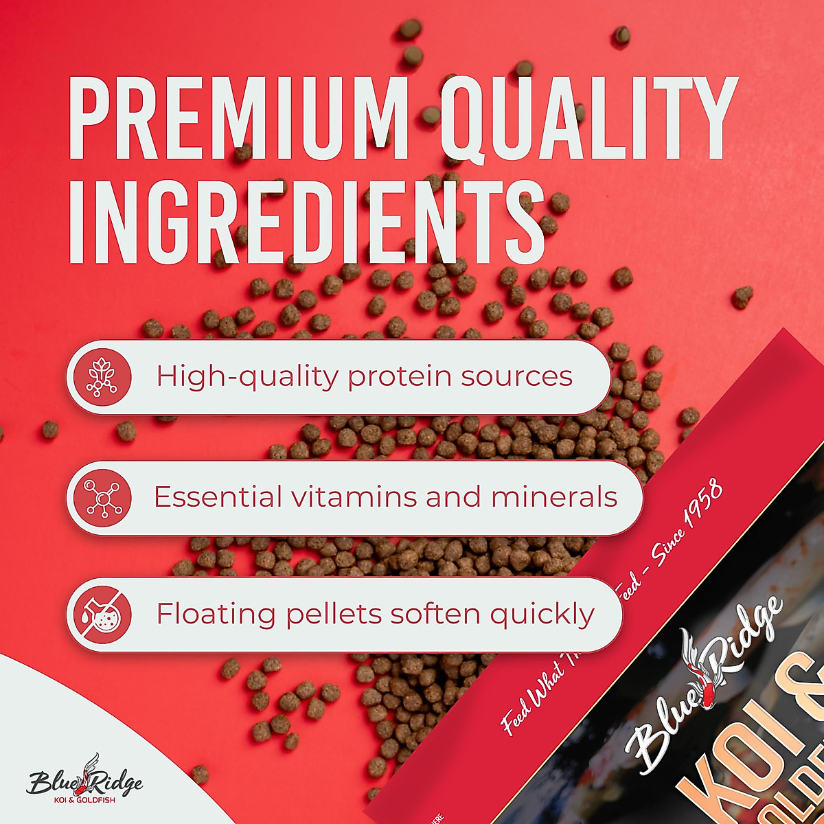 Blue Ridge Koi Fish Food 5lb - Koi Food 3/16” Large and Mini Blend Growth Formula, Goldfish Food, Premium Fish Food for Ponds, Ponds Fish Food, Floating Pond Pellets