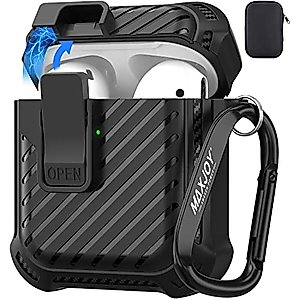 Maxjoy for AirPods Case Cover, Airpods 2 Protective Case with Automatic Secure Lock Gen 2 Military Hard Shockproof Cover with Keychain Compatible with Apple Airpods 2nd Airpods 1st Generation, Black