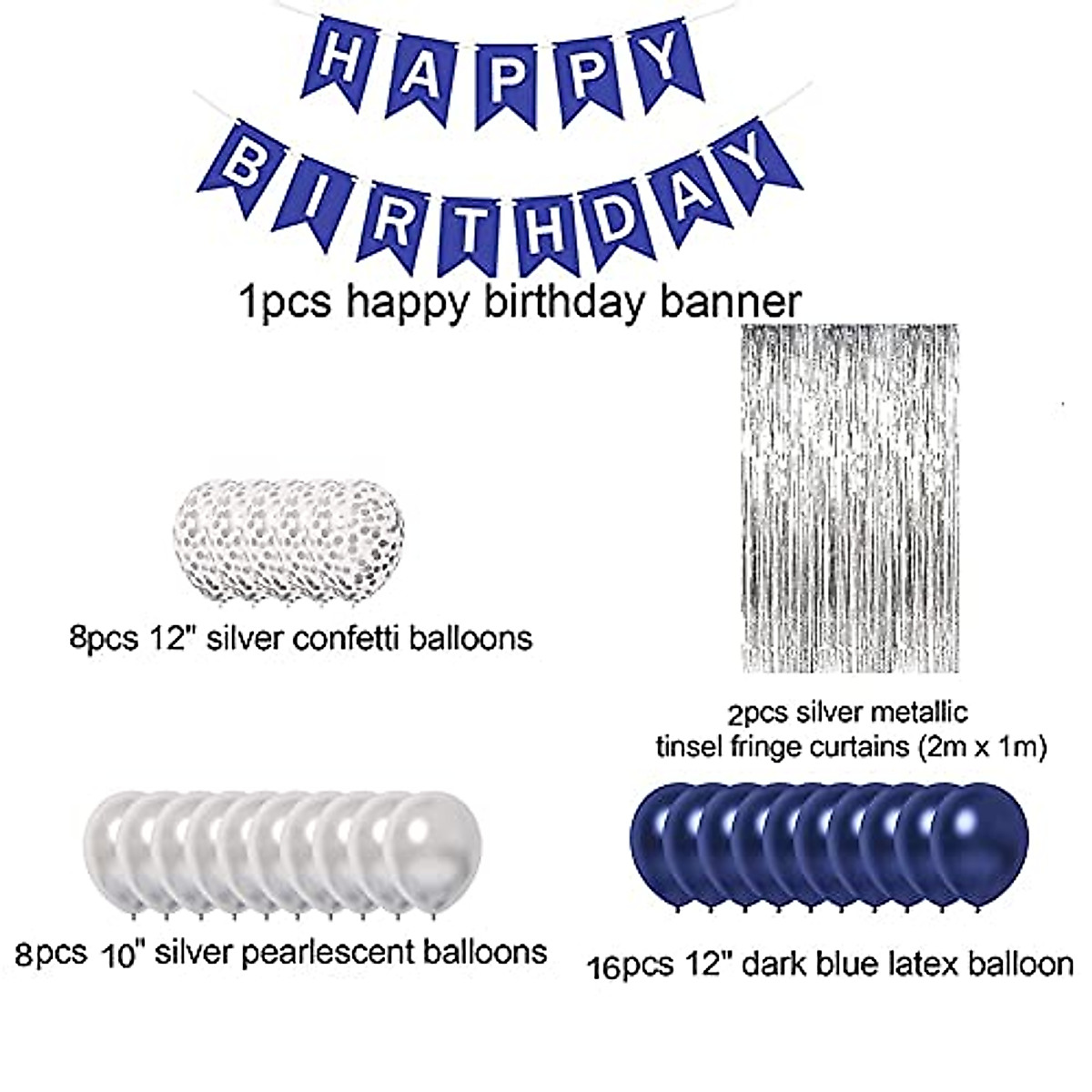 Blue Birthday Party Decorations,Happy Birthday Supplies, Happy Birthday Banner, Blue White Silver Confetti Latex Balloons with 2 Foil Fringe Curtains Birthday Decorations for Men Women Boys Girls