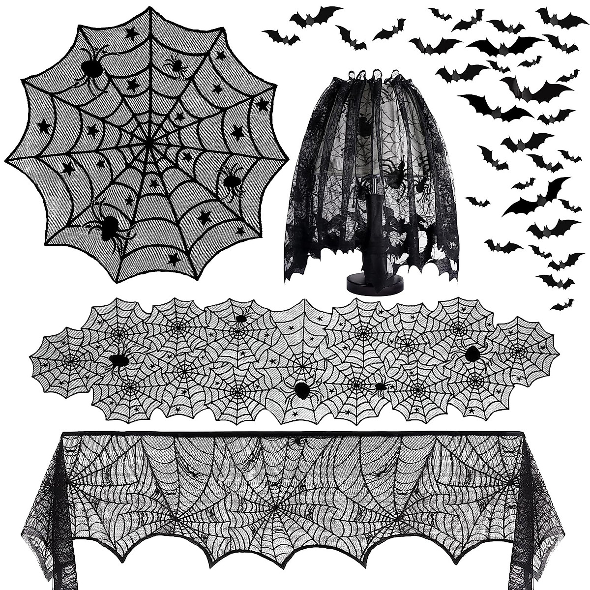 5 Pack Halloween Decorations Indoor Set Halloween Spider Web Tablecloth Round & Table Runners Fireplace Mantel Scarf Cobweb Lampshade Scary 3D Bats for Halloween Spooky Home Decor