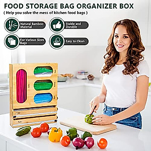 Premiumarkt 6in1 Thick Bamboo Ziplock Bag Organizer Wrap Dispenser with Cutter, Kitchen drawer organizer storage, Compatible with Gallon,Quart,Sandwich,Snack, Foil, Premium bamboo with wall mounts BMORG01