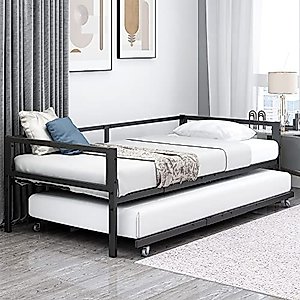 DUMEE Metal Daybed Frame with Trundle, Multifunctional Mattress Foundation/ Day Bed Sofa with Headboard, Easy Roll in-Out Trundle Bed (Twin, Black)