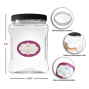DilaBee Pack of 4-32 Oz Large Clear Empty Plastic Storage Jars with Lids - Square Food Grade Container with Easy Grip Handles - Multi Purpose Jar BPA Free