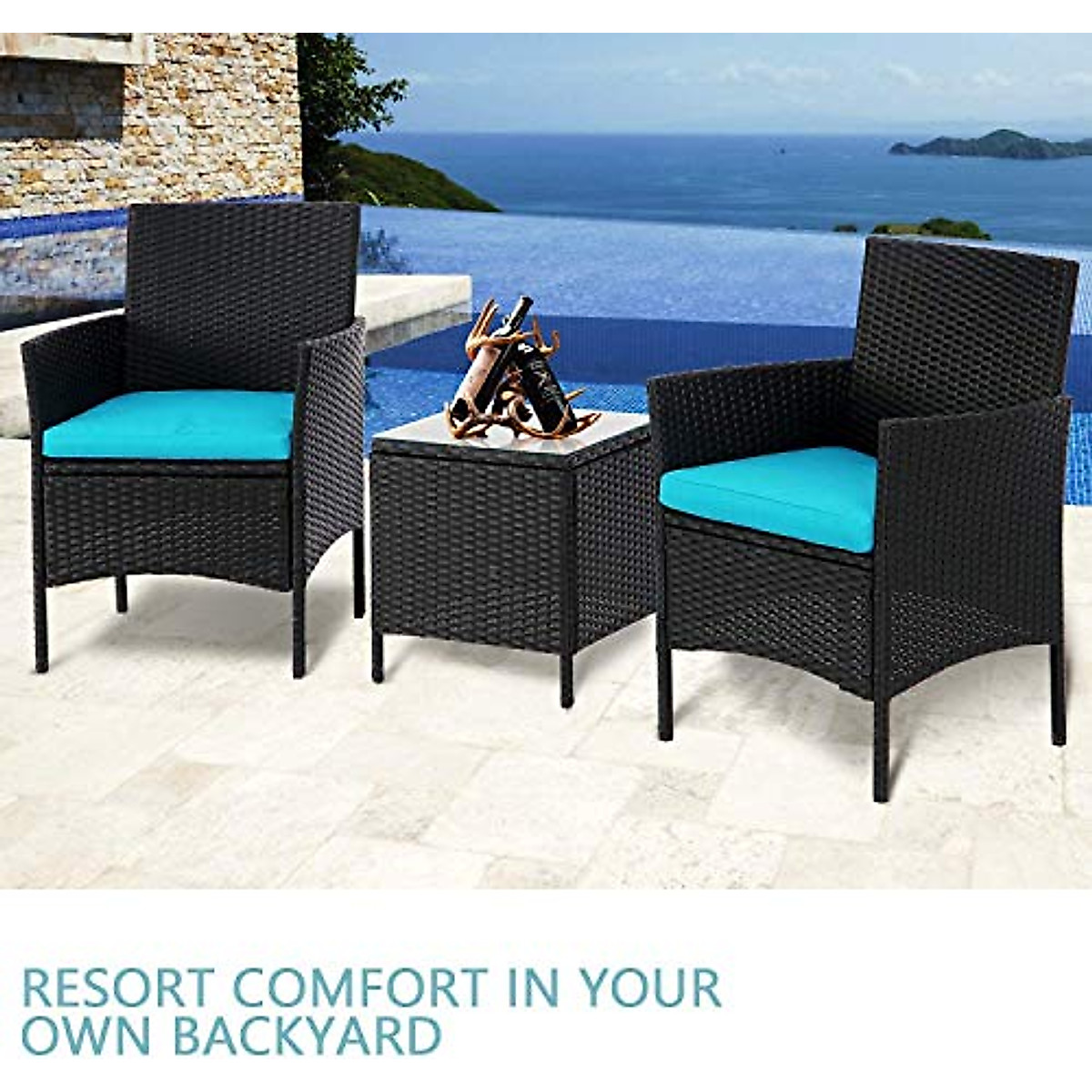 Cemeon 3-Piece Patio Bistro Set Outdoor Conversation Set, Black Wicker Porch Chairs Set Garden Furniture with Coffee Table (Blue Cushion)