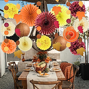 Fall Party Decorations Orange Burgundy Paper Fans Yellow Paper Pom Poms Paper Lanterns Maple Leaf Garland Circle Dot for Autumn Harvest Birthday Fall Bridal Shower Baby Shower Thanksgiving Party Decor