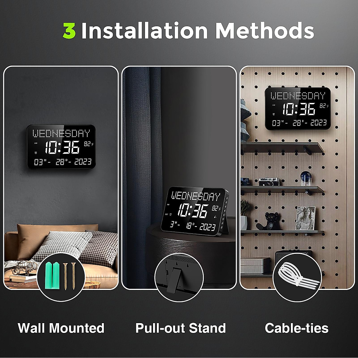 Upgraded 11.2" Large Digital Calendar Clock with Day and Date - Remote Control, 4 Alarms & 8 Sounds, LED Digital Wall Clock with Loud Volume for Seniors, Dementia, Adjustable Dimmer | Temperature| DST