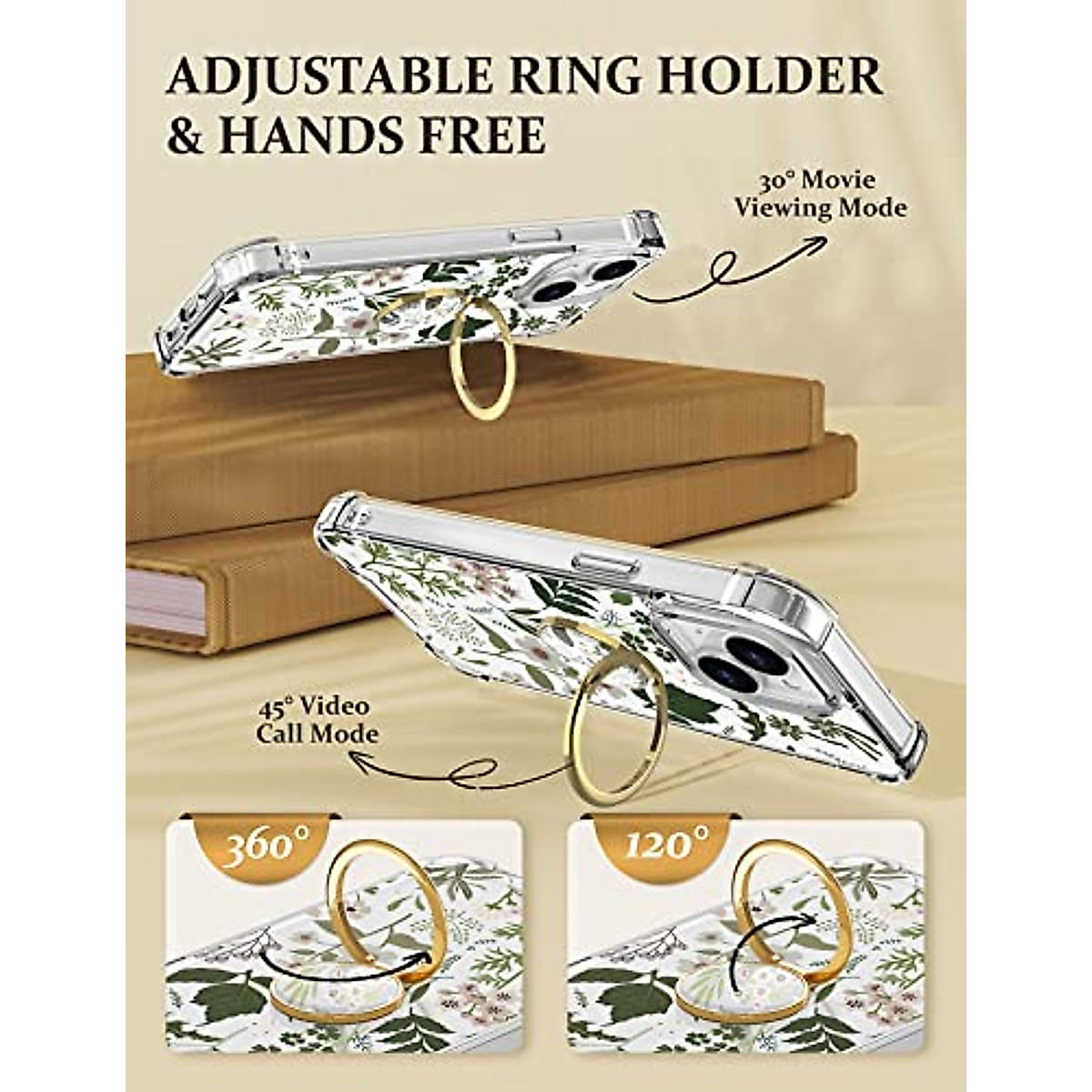 Cutebe [4 in 1 Phone Case for iPhone 13 Case/iPhone 14 Case 6.1 Inch, Cute Crystal Cover with Screen Protector + Camera Lens Protector+Rotatable Ring Stand Holder for Women