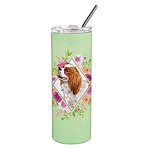Caroline's Treasures CK4286TBL20 Cavalier King Charles Spaniel Green Flowers Double Walled Stainless Steel 20 oz Skinny Tumbler, 20 oz, multicolor