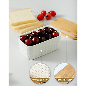 Hasense Large Butter Dish with Lid for Countertop - Farmhouse Ceramic Butter Container Holder with Cover for Fridge,Silicone Sealing,White Embossed Pattern,Holds Two Sticks of Butter