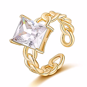 papasgix 14k Gold Plated Rings for Women, Clear Zircon Stackable Adjustable Aesthetic Handmade Statement Gold Band Rings, Cubic Zirconia Band Rings Open Rings （Clear）