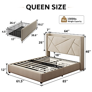 iPormis Queen Storage Bed Frame with 4 Drawers, Upholstered Bed Frame with Minimalist Wingback Headboard and Charging Station, No Box Spring Needed, Beige