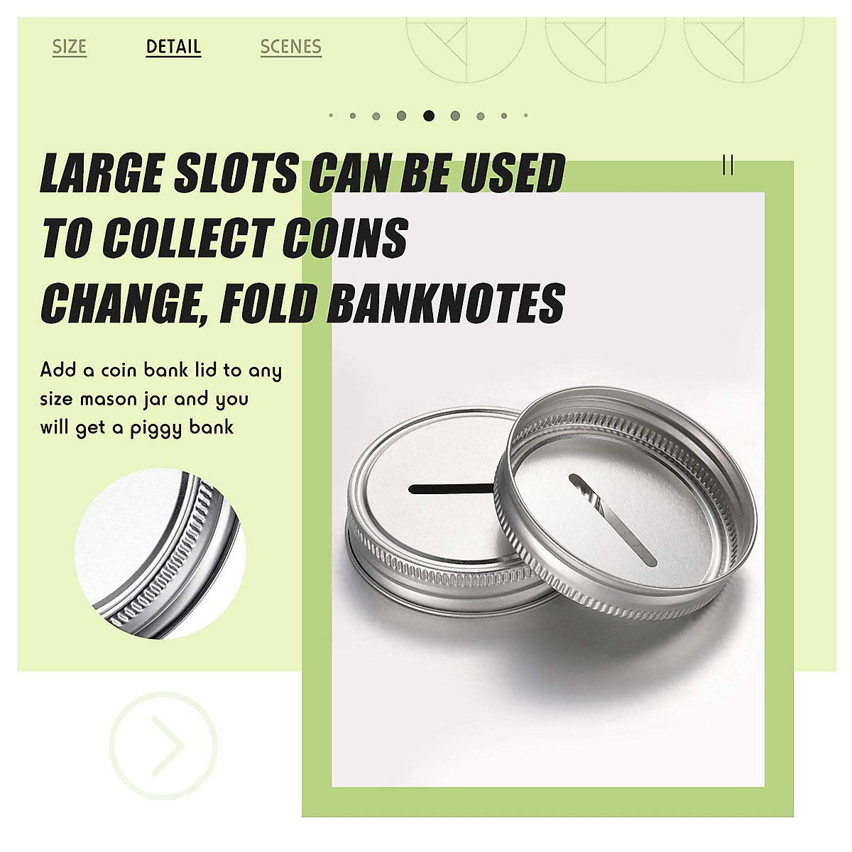 Stainless Steel Coin Slot Bank Lid Compatible with Mason Jars Canning Jars Money Saving Jars Metal Coin Slot Lid for Regular Mouth Ball, Canning Jars, 70 mm (6 Pieces)