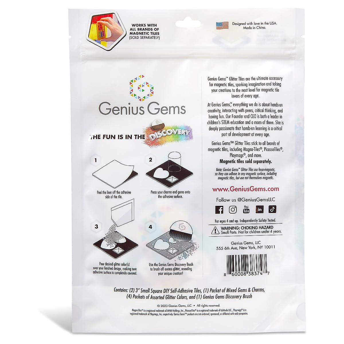 Genius Gems Glitter Tiles DIY Design Kit - Includes 2 Adhesive Squares, 1 Packet of Mixed Charms, Glitters, and Brush - Sticks to Magnetic Tiles!