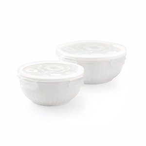 ZEN Pleats Porcelain Serve and Store Airtight Container 14&22oz Bowls Set of 2 (White)