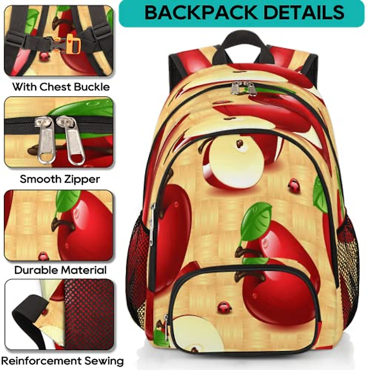 Apples Pattern Bookbag School Backpack Teens Girls Boys Schoolbag Shoulder Computer Hiking Gym Travel Casual Travel Daypack