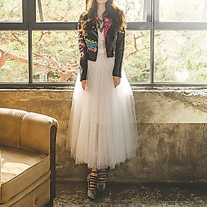 LBKKC Women's Midi Tulle Skirt Elastic Waist 3 Layered Mesh Formal Prom Party Tutu Skirt A Line(L,Off White)