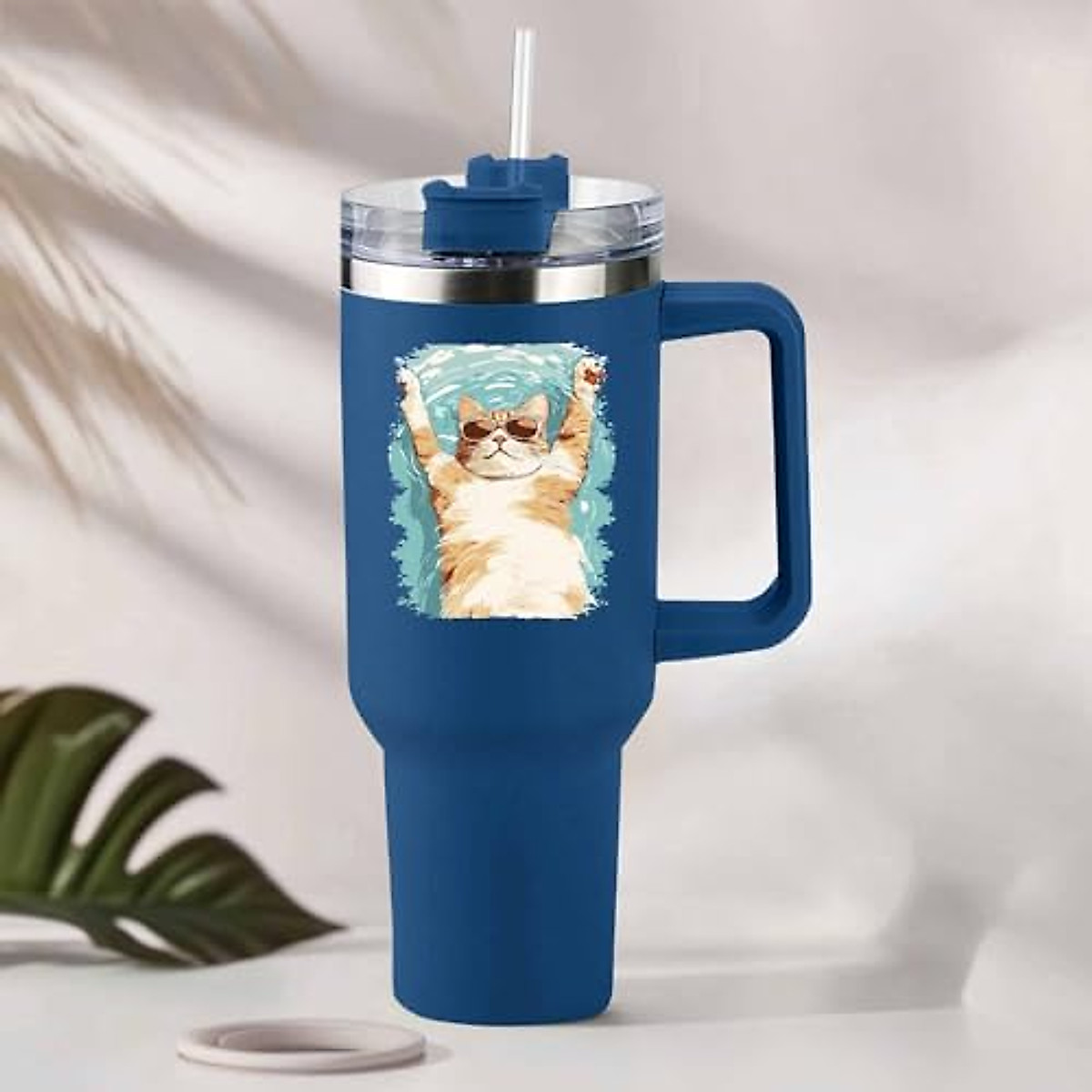 LB LEOBON 40 ounce insulated cup with handle, double-layer vacuum stainless steel material, equipped with straw, can keep warm or maintain cold drinks Leisure Cats Art Cowboy Blue