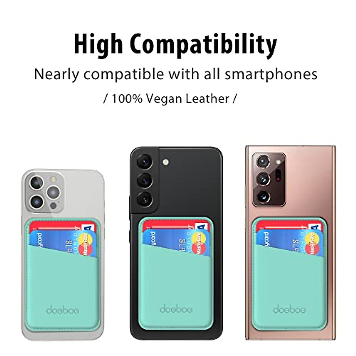 doeboe Leather Phone Card Holder for Back of Phone, Credit Card Case Stick on Cell Phone, Strongly Adhesive Phone Wallet Sleeve, Compatible with iPhone 14, Samsung, Android, All Smartphones (Mint)